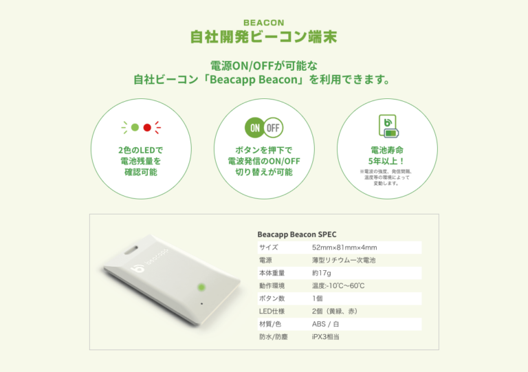 自社開発ビーコン「Beacapp Beacon」のスペック紹介 - Beacapp Here(屋内位置情報サービス) | 所在地見える化でオフィス内の在席管理
